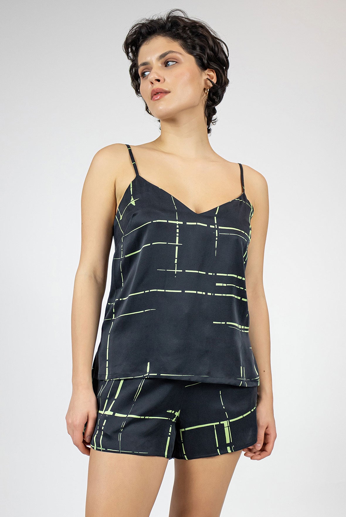 Black Silk Camisole with check print - Nokaya - Silk Dreamscape